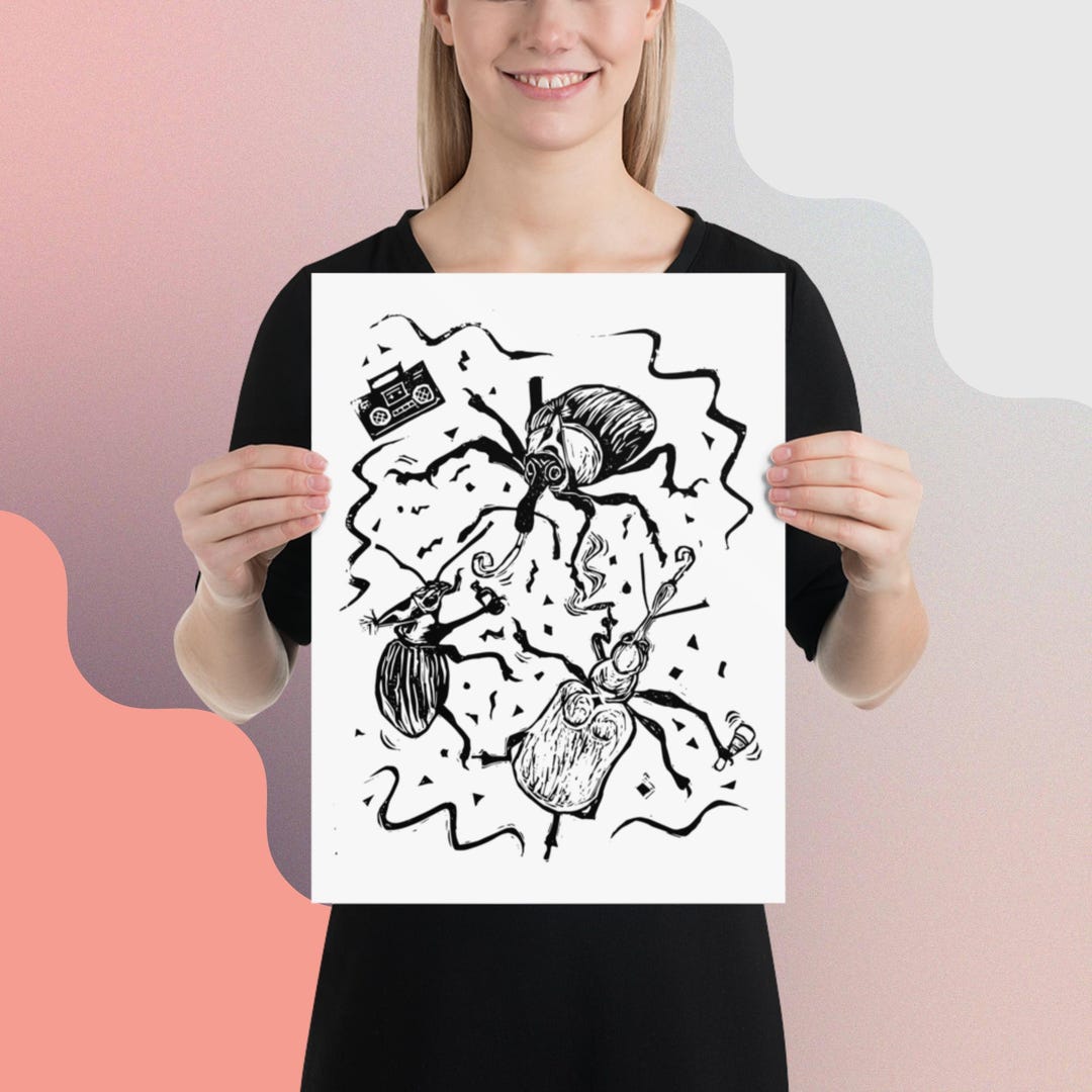 Weevil Time Party Time Black and White Vectorized Linocut Print Poster ...