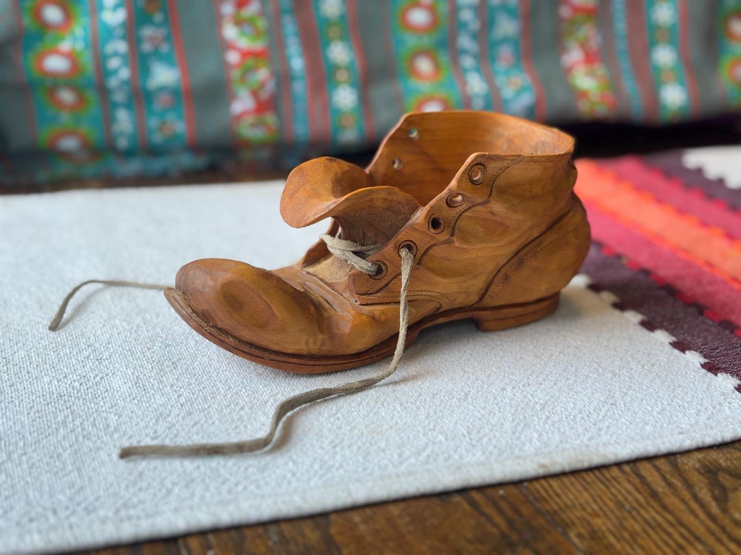 1975 Handmade schaffer Western Wood Carvings Wooden Shoe Folk Art - Etsy