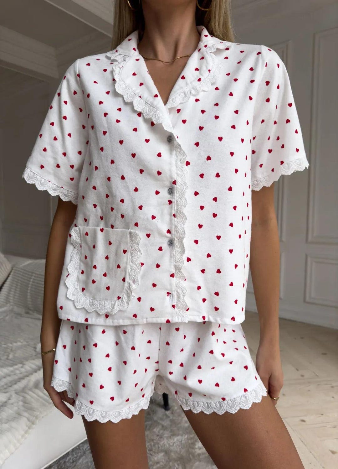 Organic Cotton Pajama Heart Pattern Print Pajama Soft Lace Pajama ...