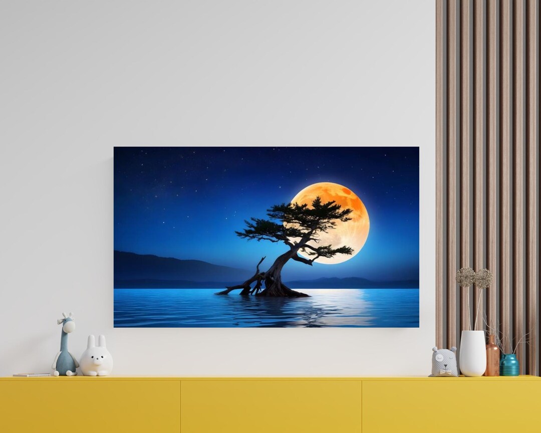 Stylized Tree Moon Wall Art, Tree Reflection Digital Download, Moonlit ...