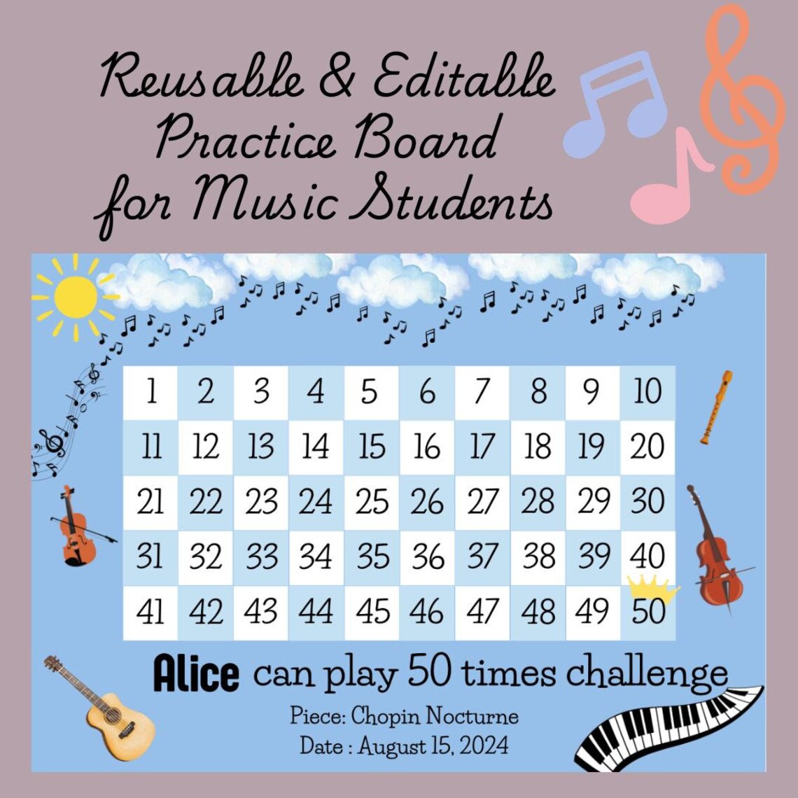 Practice Chart Template for Student Practice, Music Teacher, Violin ...