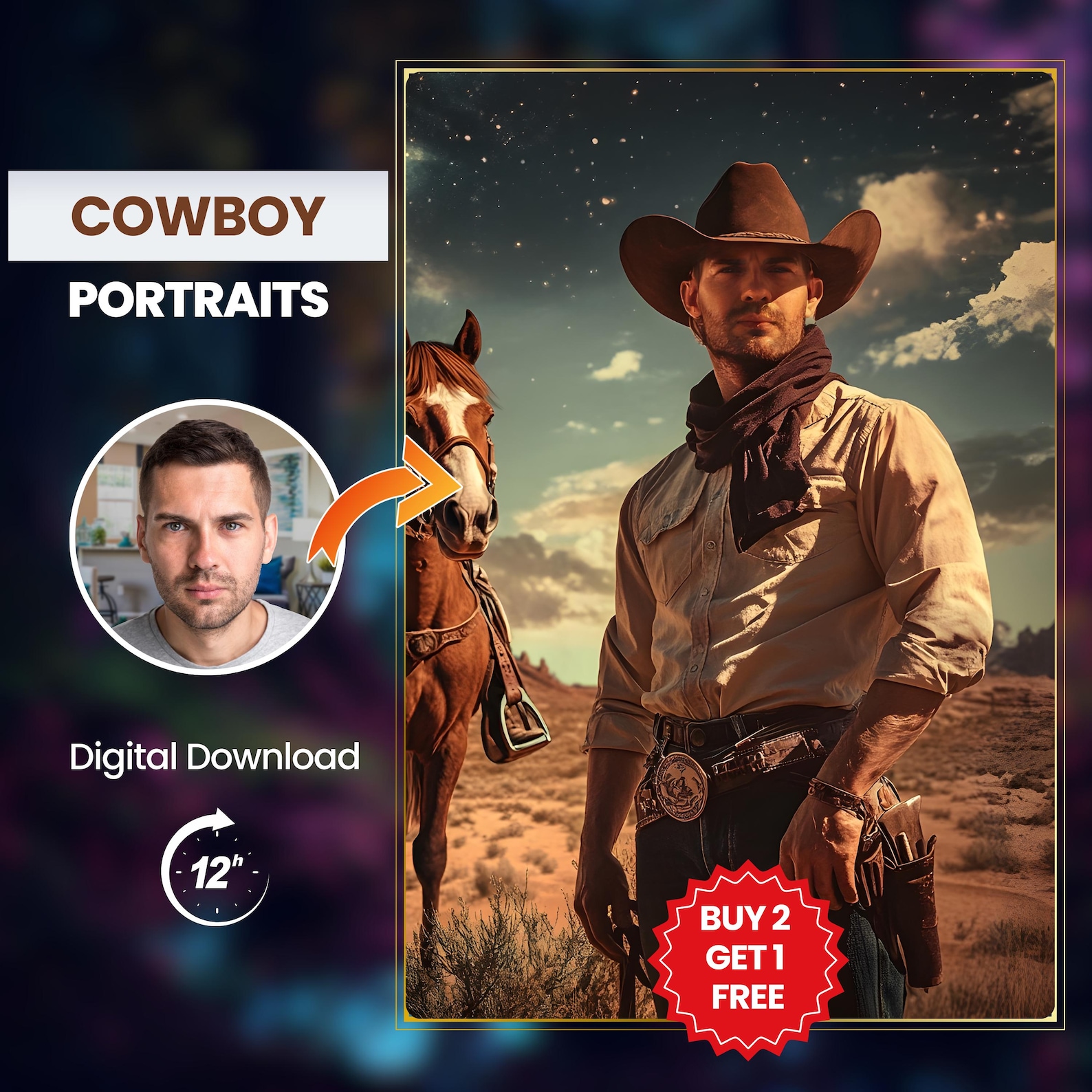 Cowboy Portrait | Custom Cowboy Art Print | Personalized Western Decor ...