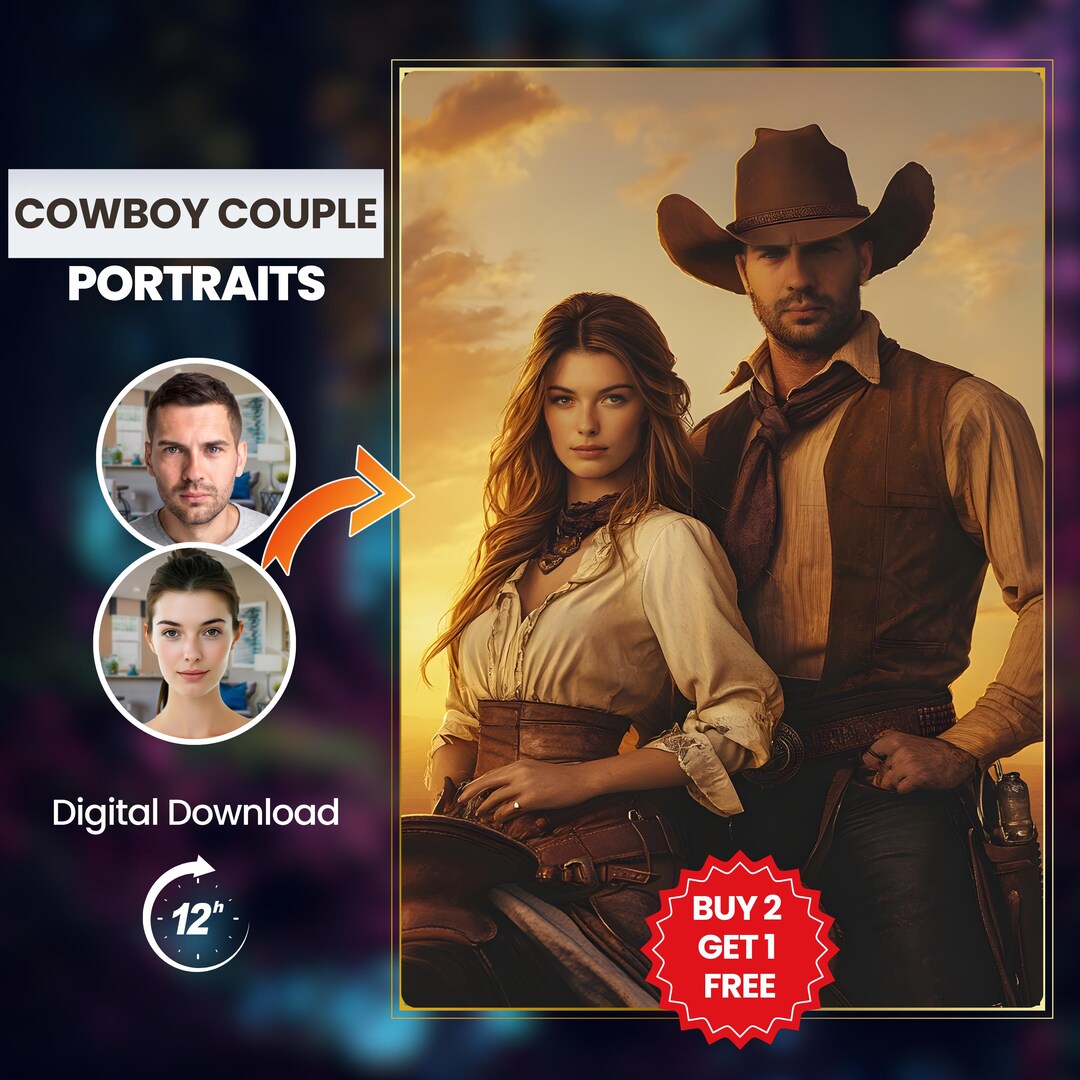 Cowboy Couple Portrait | Custom Cowboy Portrait, Western Decor, Couple ...