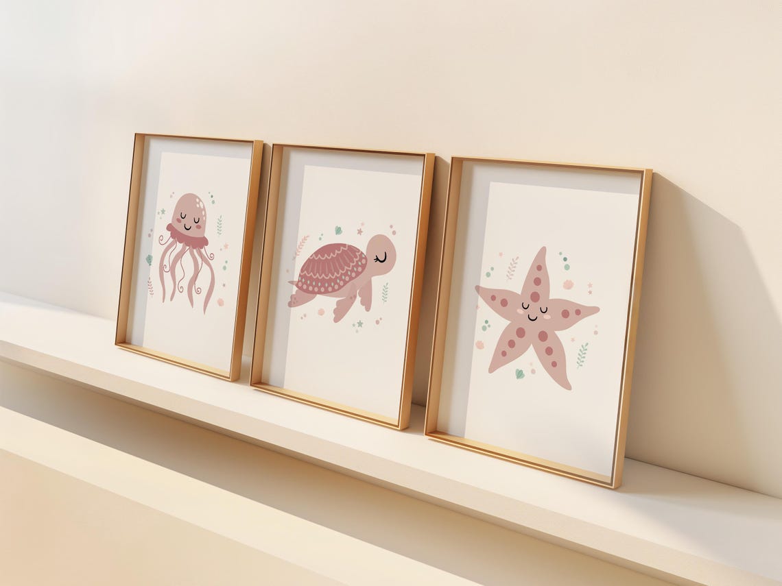 Set of 3 Dusty Pink Sea Creatures Printable Wall Art, Girls Ocean ...