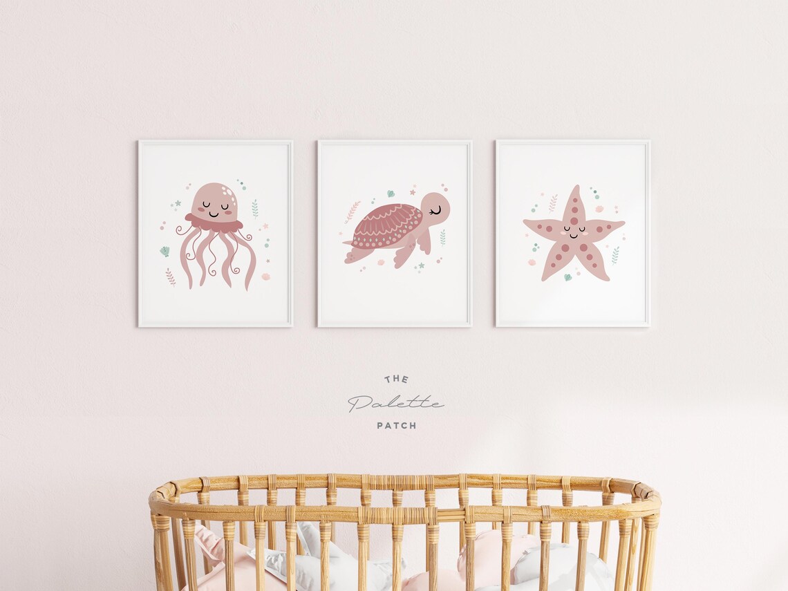 Set of 3 Dusty Pink Sea Creatures Printable Wall Art, Girls Ocean ...