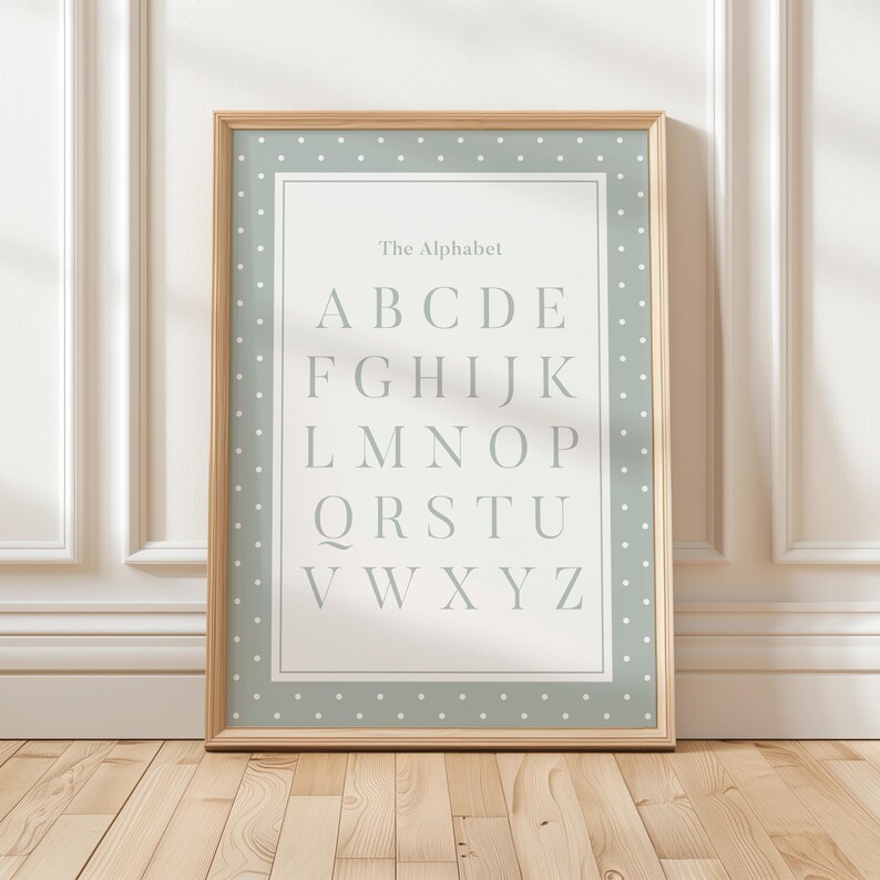 Green Vintage Alphabet Printable Wall Art, Polka Dot ABC Poster, Sage ...