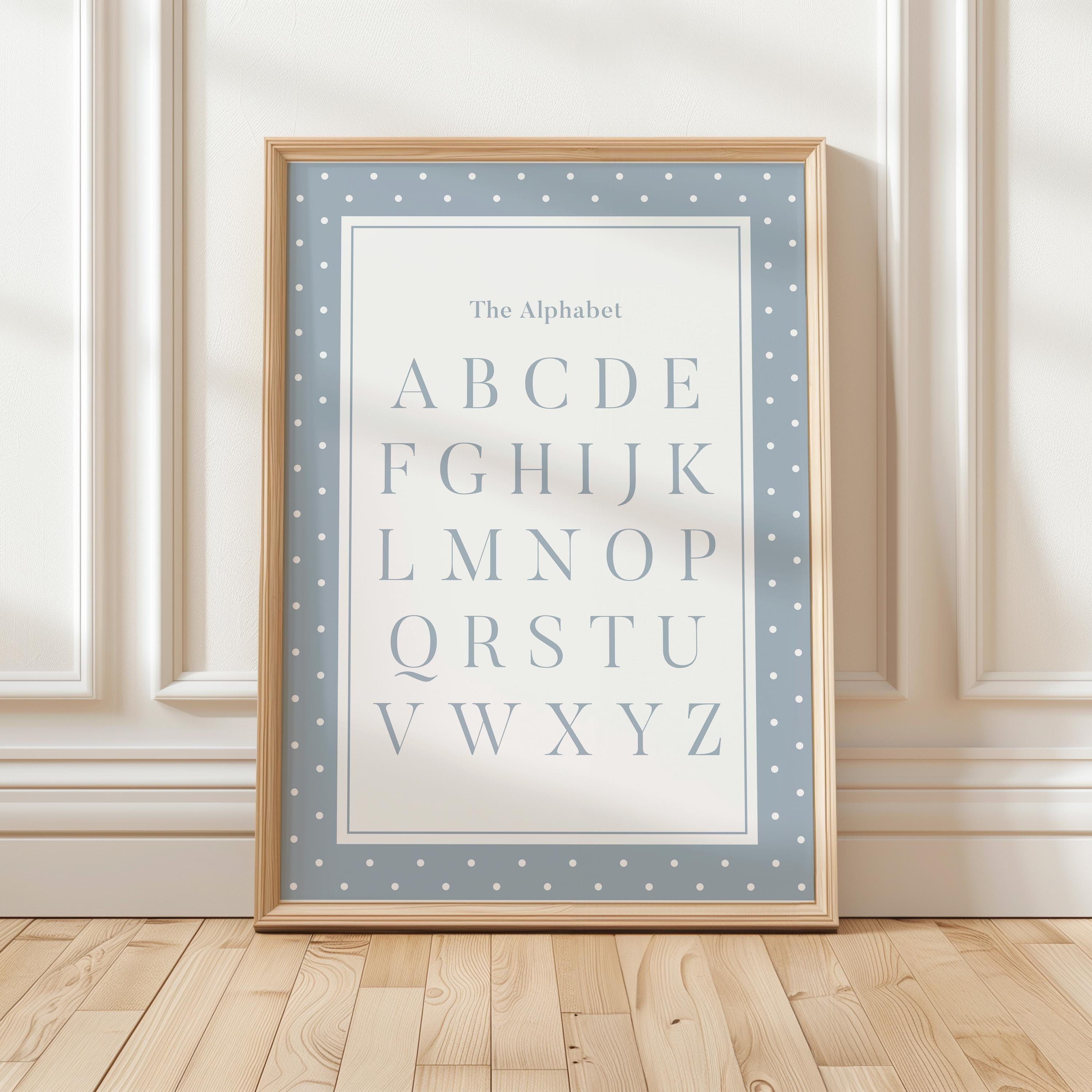 Blue Vintage Alphabet Printable Wall Art, Polka Dot ABC Poster Learning ...