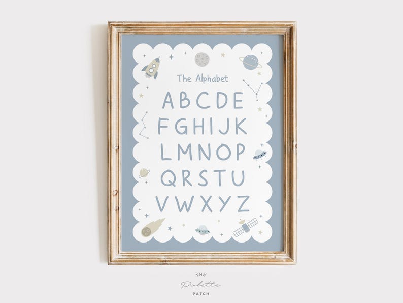 Soft Blue Space Themed Alphabet Printable Wall Art, Neutral Outer Space ...