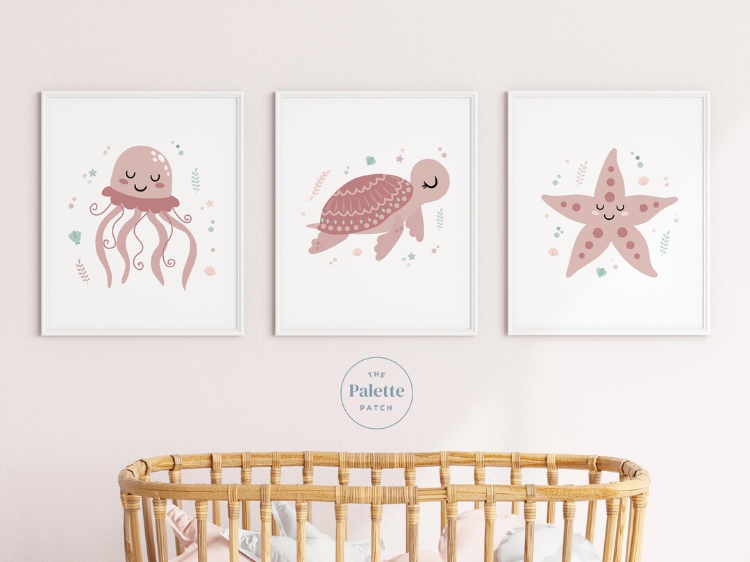 Set of 3 Dusty Pink Sea Creatures Printable Wall Art, Girls Ocean ...