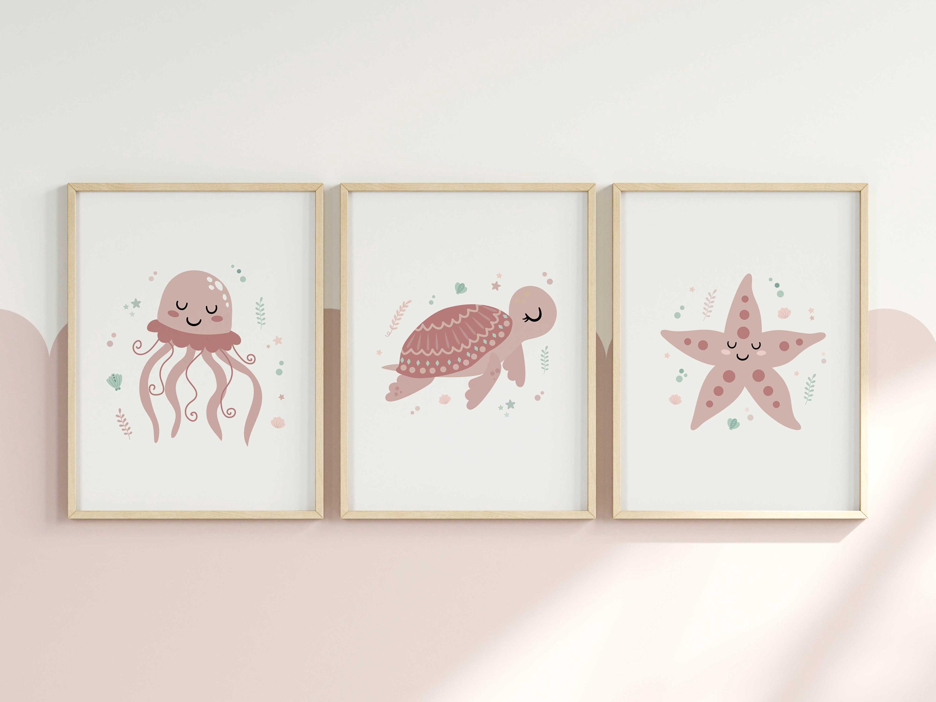 Set of 3 Dusty Pink Sea Creatures Printable Wall Art, Girls Ocean ...