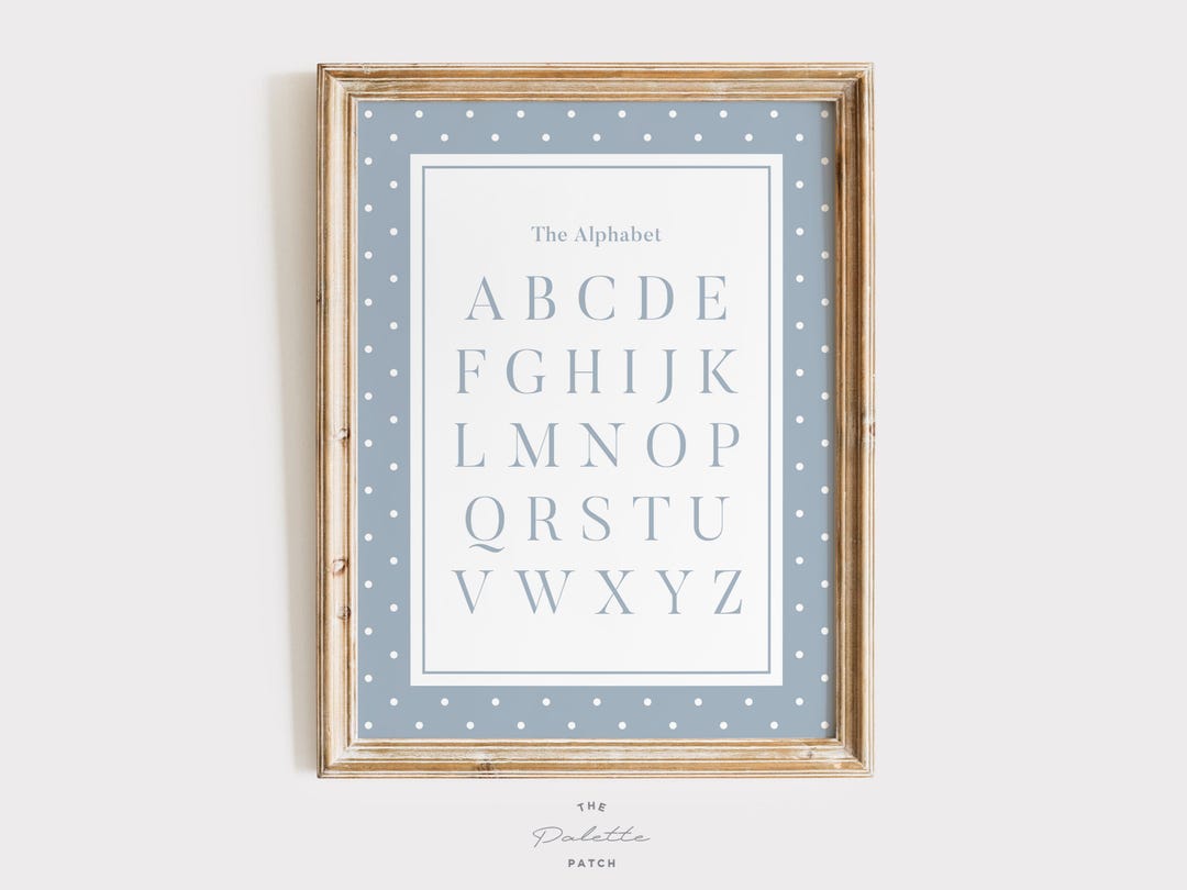 Blue Vintage Alphabet Printable Wall Art, Polka Dot ABC Poster Learning ...