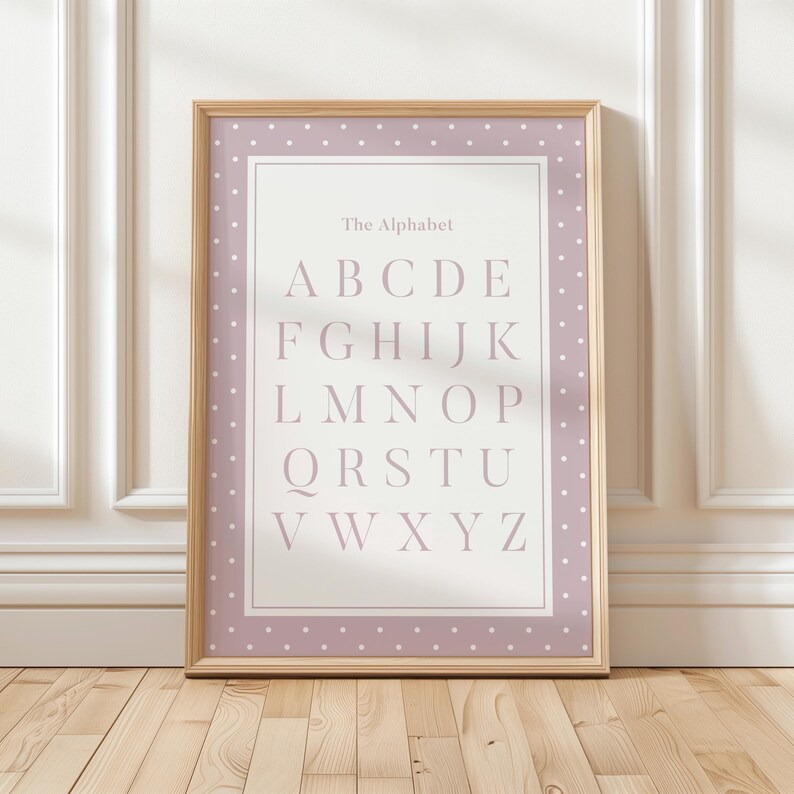 Purple Vintage Alphabet Printable Wall Art, Lilac Polka Dot ABC Poster ...