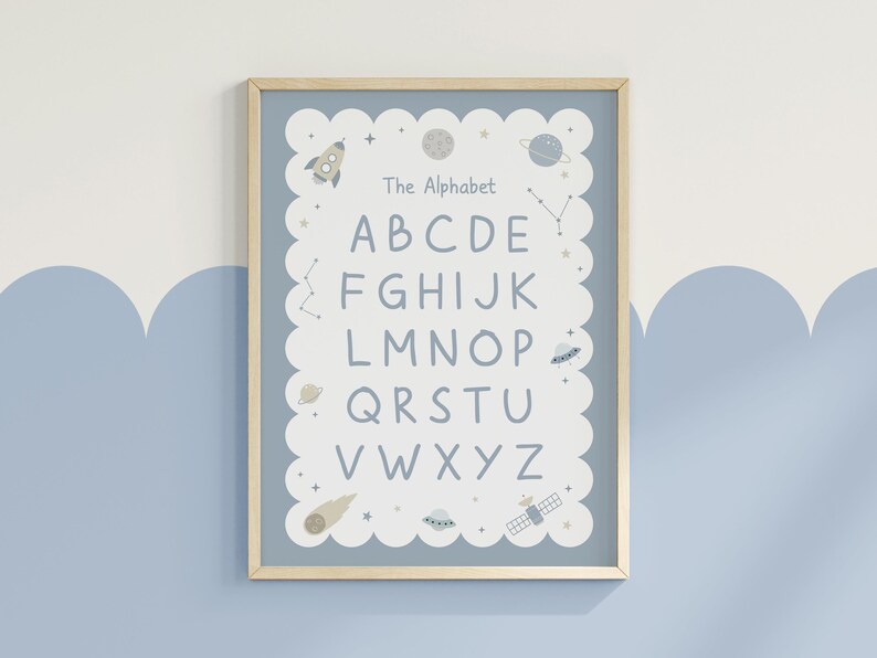 Soft Blue Space Themed Alphabet Printable Wall Art, Neutral Outer Space ...