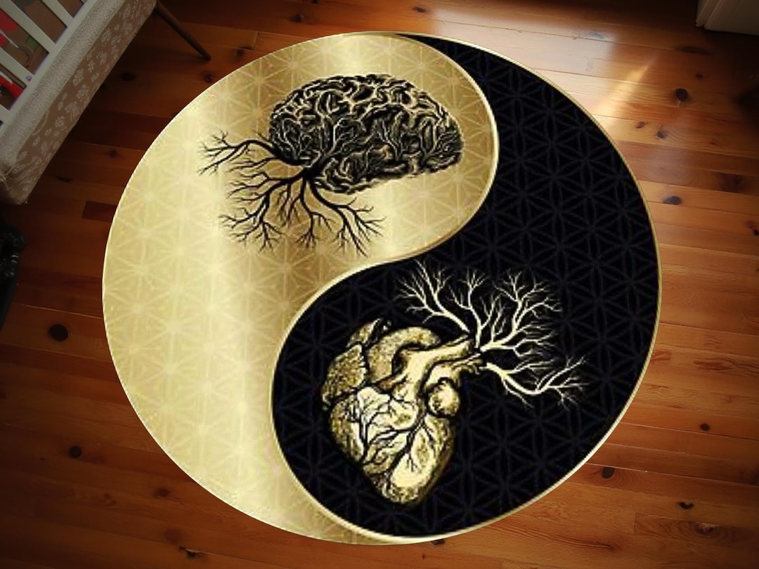 Ying Yang Round Rug, Japanese Rug, Black Based Multicolor Ying Yang ...