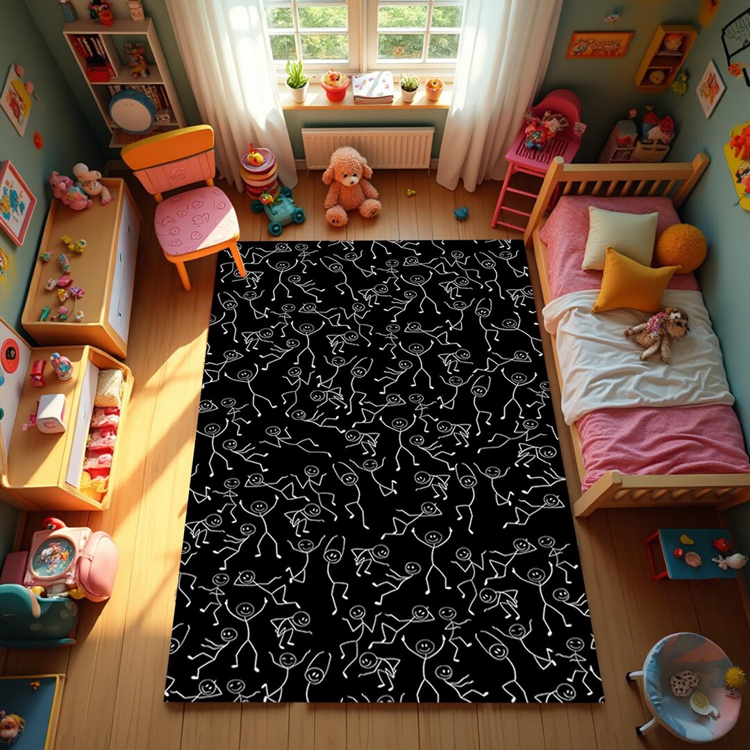 Stickman Rug, Black and White Patterned Rug, Rugs for Teen Room ...