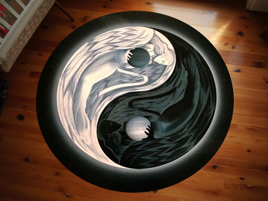 Ying Yang Round Rug, Japanese Rug, Black Based Multicolor Ying Yang ...