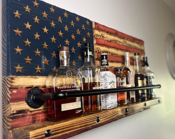 American Flag Whiskey Rack Red, Blue and Wood Burnt, Whiskey Bottle ...