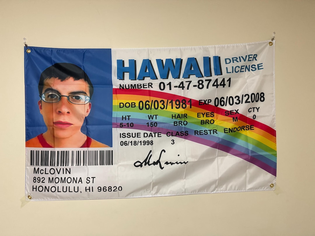Mclovin ID Flag Fake Driver License 3x5 Ft Mclovin Tapestry, Polyester With 4 Brass Grommets, Mc ...