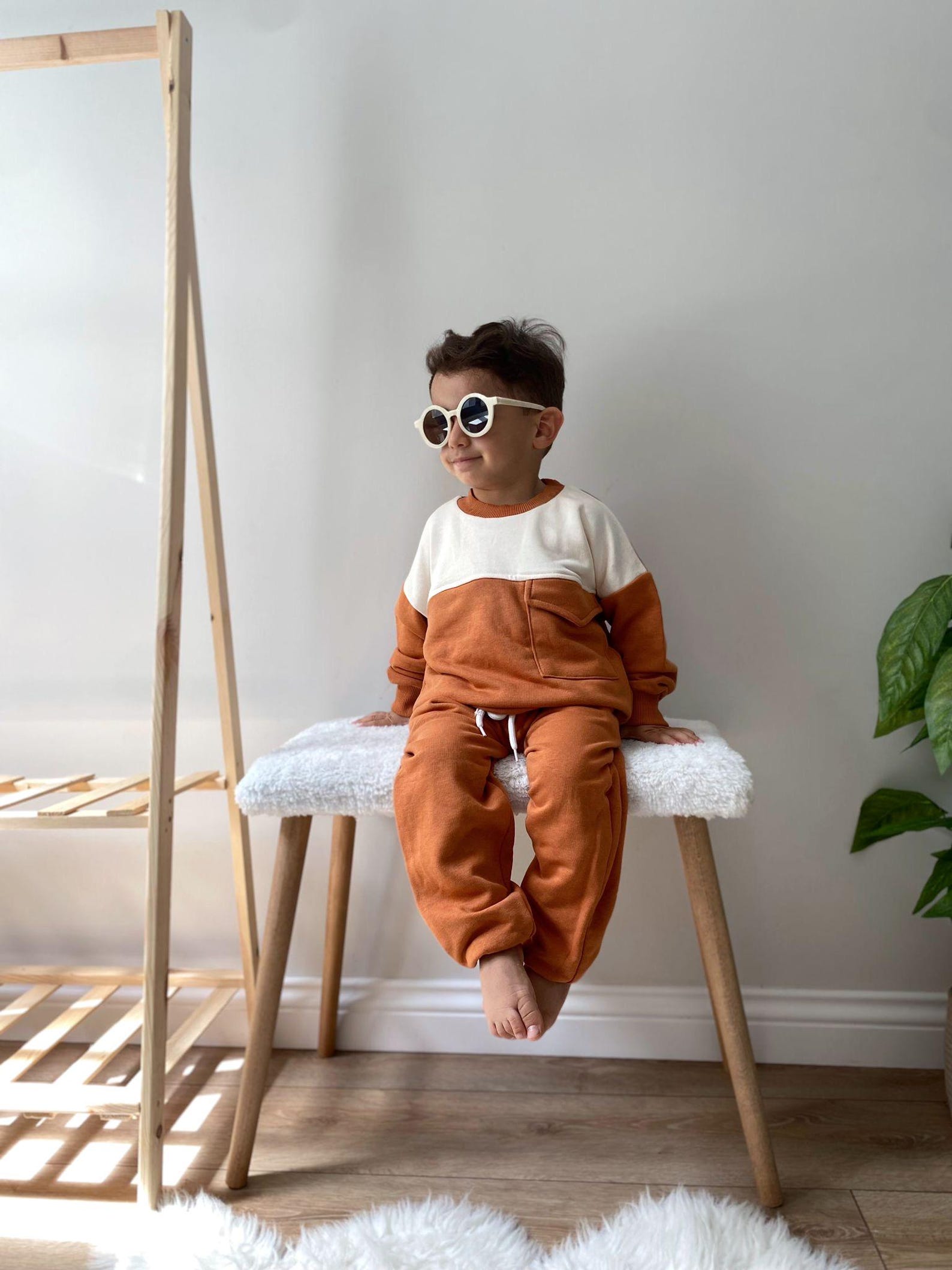 Brown Pocket Detailed Kids Sweat Suit, Boy's Sweat Suit, Organic Cotton ...