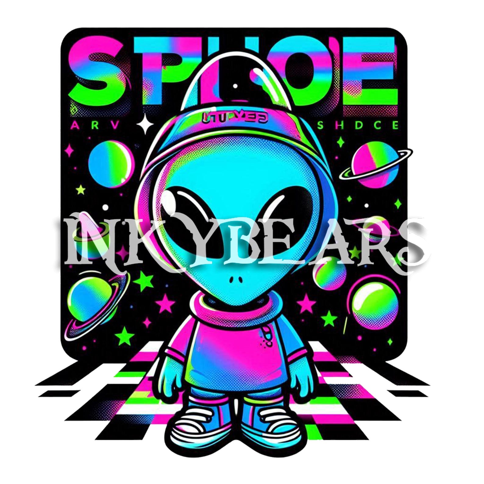 Alien Chibi Style T-shirt Design, Neon Space, Psychedelic Hologram Art ...