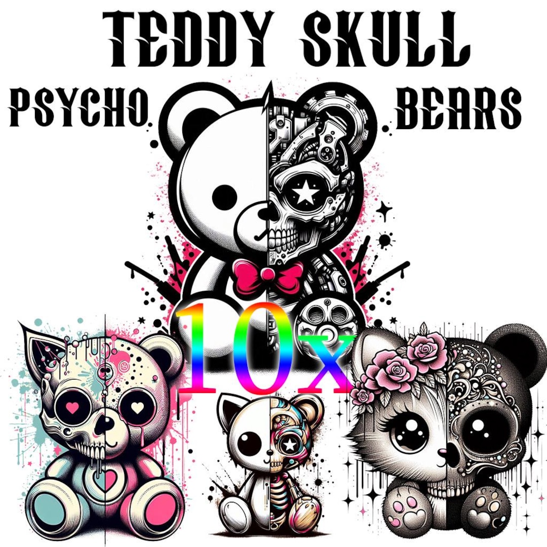 Cute Psycho Teddy Bear Skull Unique Digital Art Design Quirky Edgy ...