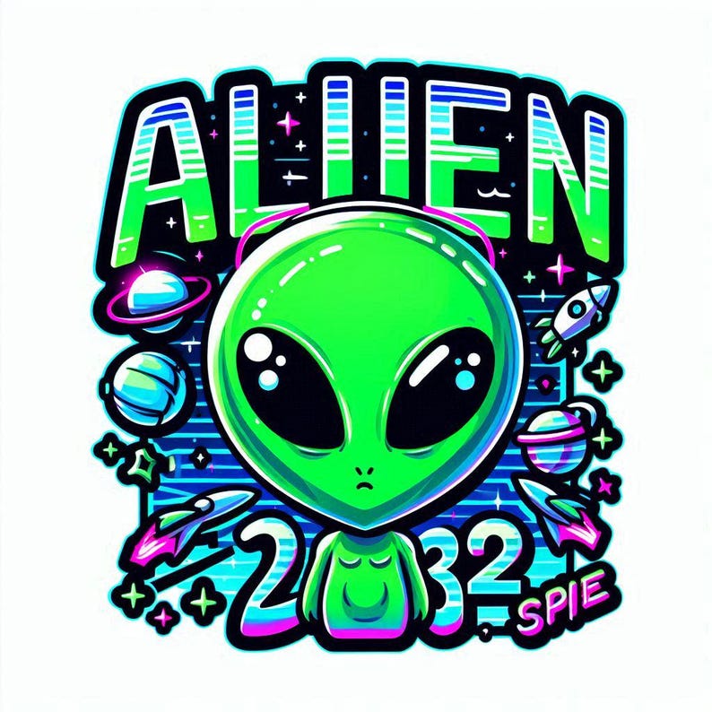 Alien Chibi Style T-shirt Design, Neon Space, Psychedelic Hologram Art ...