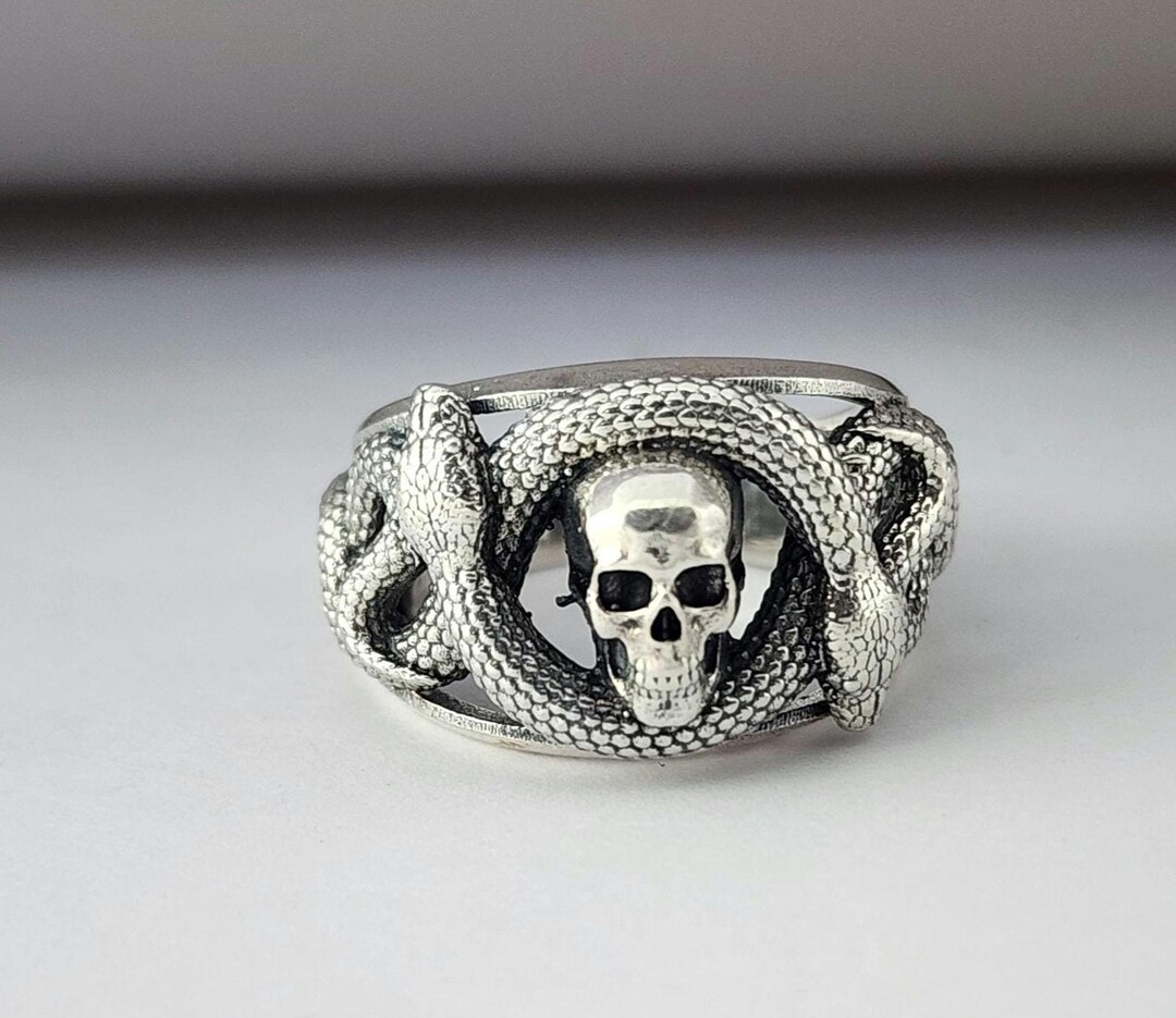 Double Headed Snake & Skull Ring, Handcrafted 925 Sterling Silver, Unique Gothic Design, Unisex ...