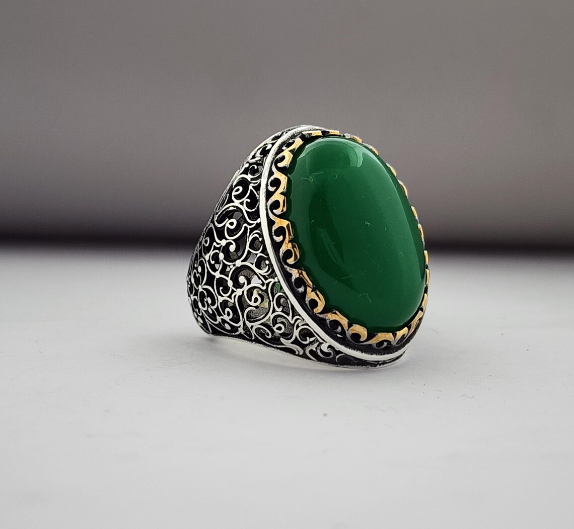Anel masculino com pedra de jade, feito à mão na Turquia em prata de ...