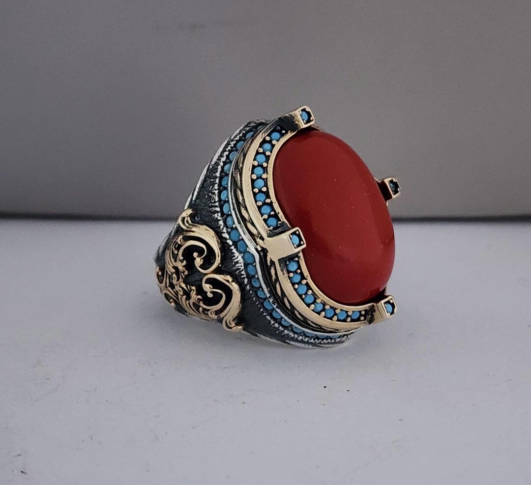 Red Coral Stone Ring, Turkish Handmade 925 Sterling Silver Ring - Etsy