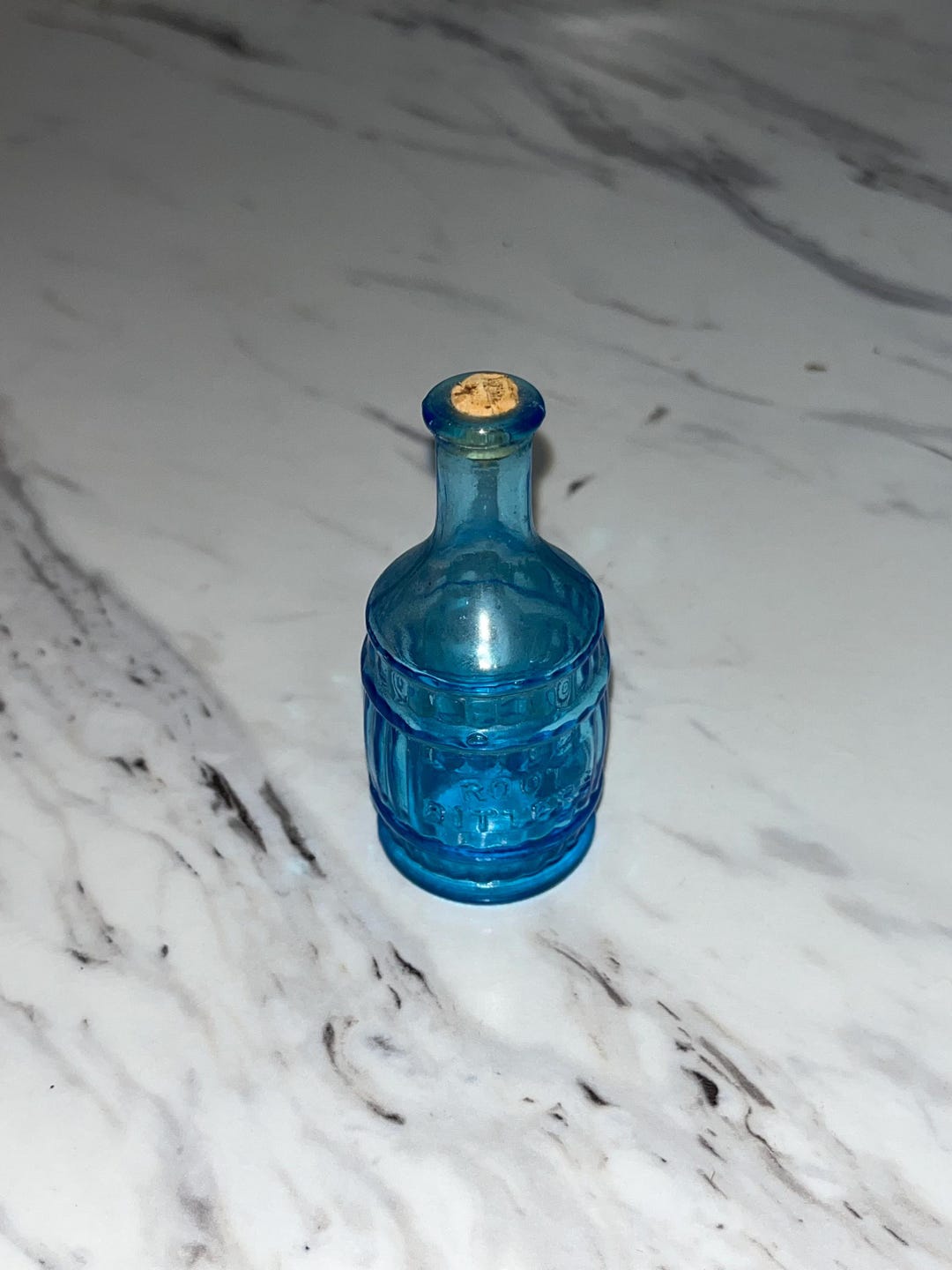Vintage Root Bitters Blue Glass Mini Barrel With Cork Bottle Made in ...