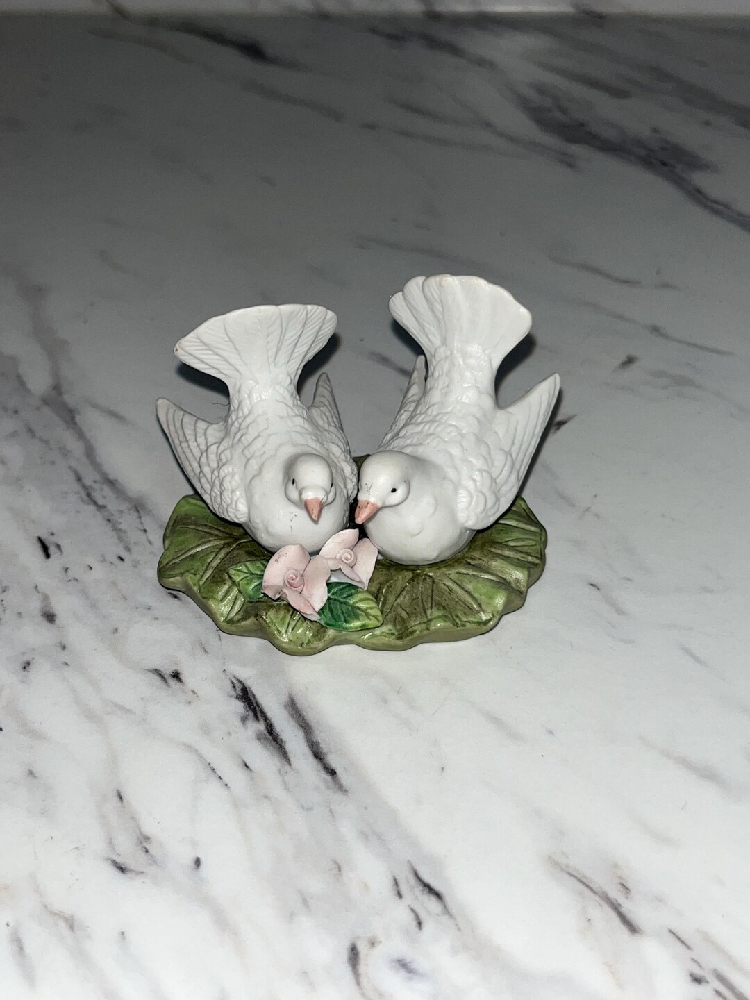 Lefton China Figurine Featuring Two White Doves Perched on a Green Leaf ...