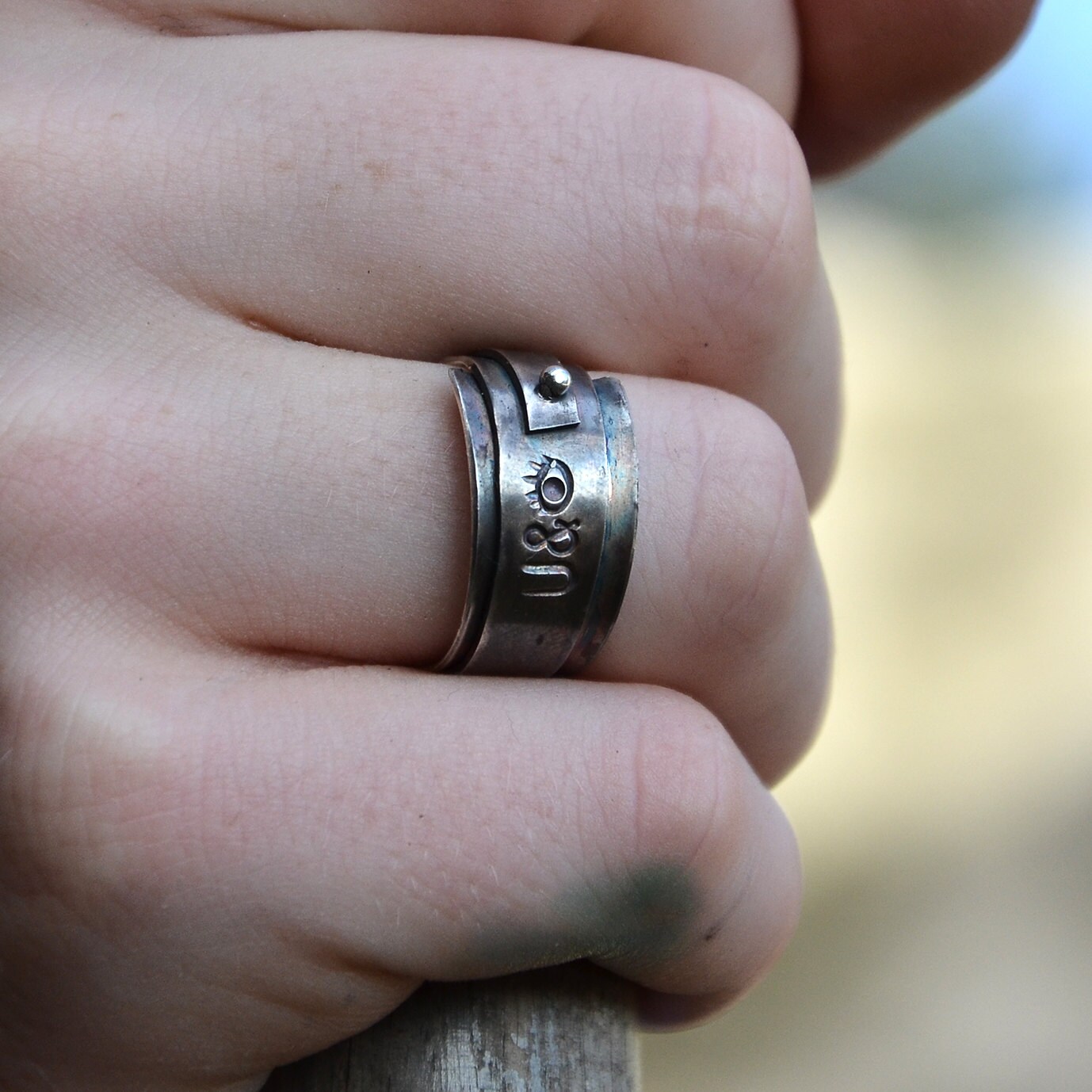 Stamped Sterling Silver Ring With Rustic Black Oxidized Silver Band - Etsy