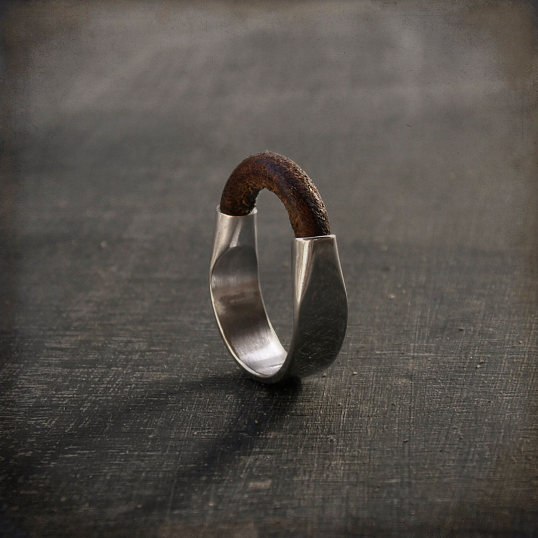 Sterling Silver and Leather Handmade Ring for Men, Unique Organic Gifts ...