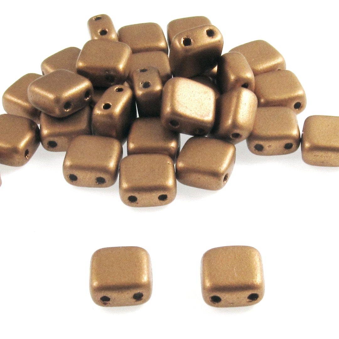 50 Matte Brass Square Tile Beads, 6mm 2-hole Czech Glass Beads for DIY ...