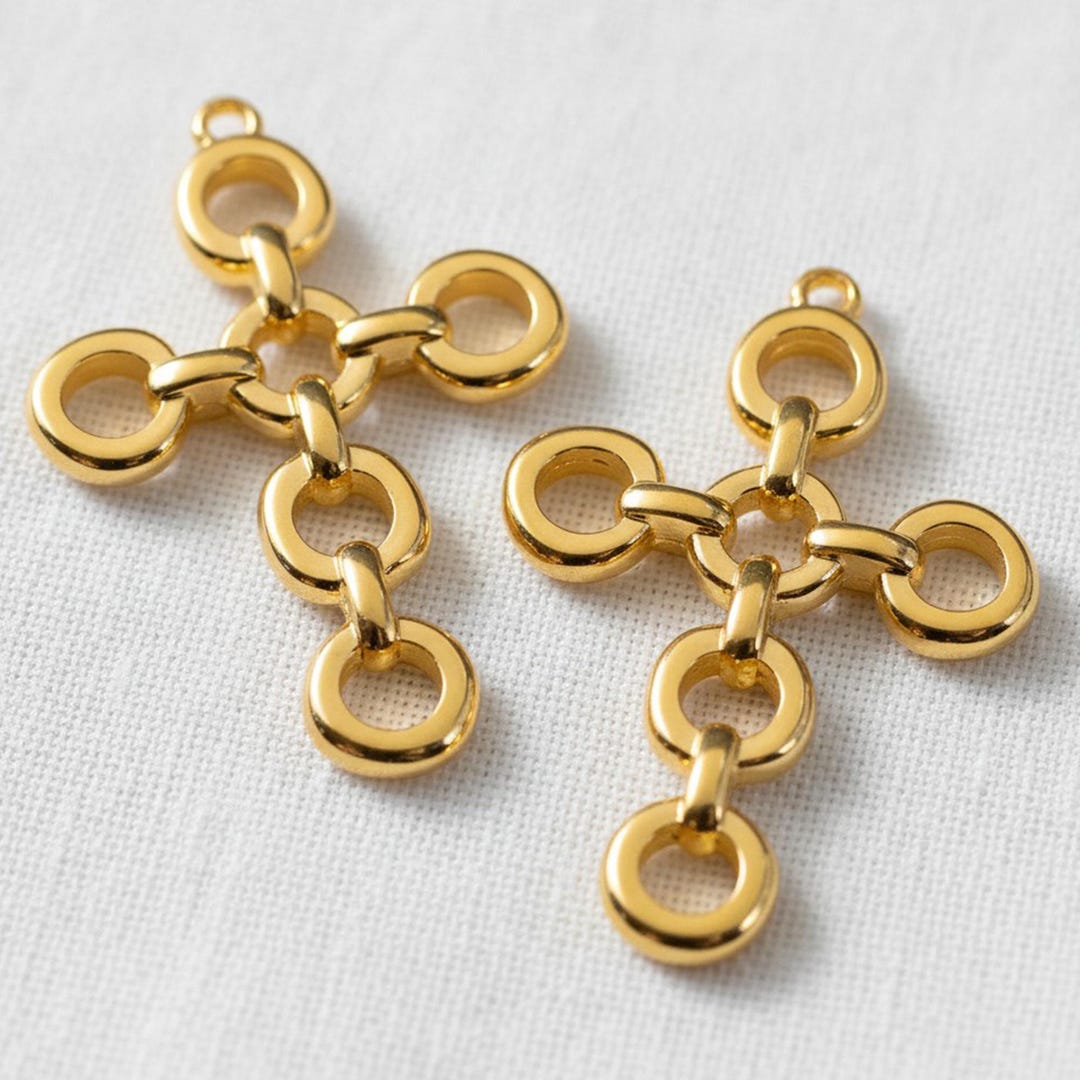 Gold Cross Pendant With Open Chain Links: 24K Gold Plated Statement ...