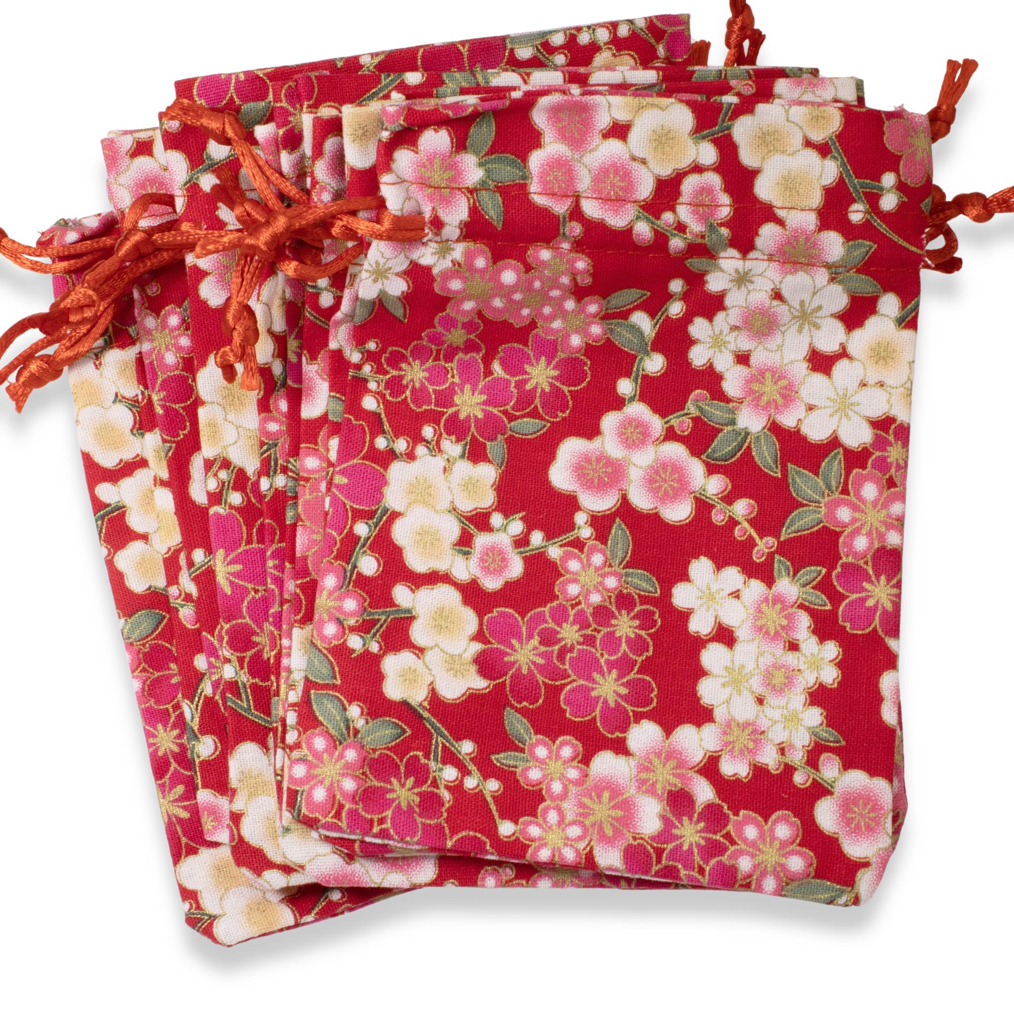 10 Red Floral Fabric Drawstring Bags - Pouches for Jewelry - Party Gift ...