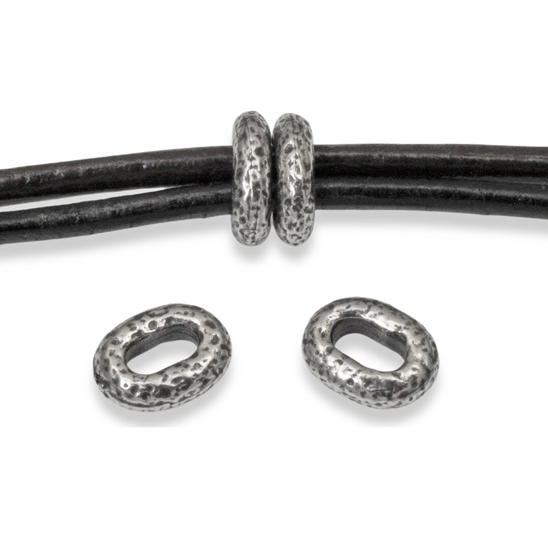 10 Antique Pewter Distressed Oval Beads, Tierracast Leather Cord Beads ...
