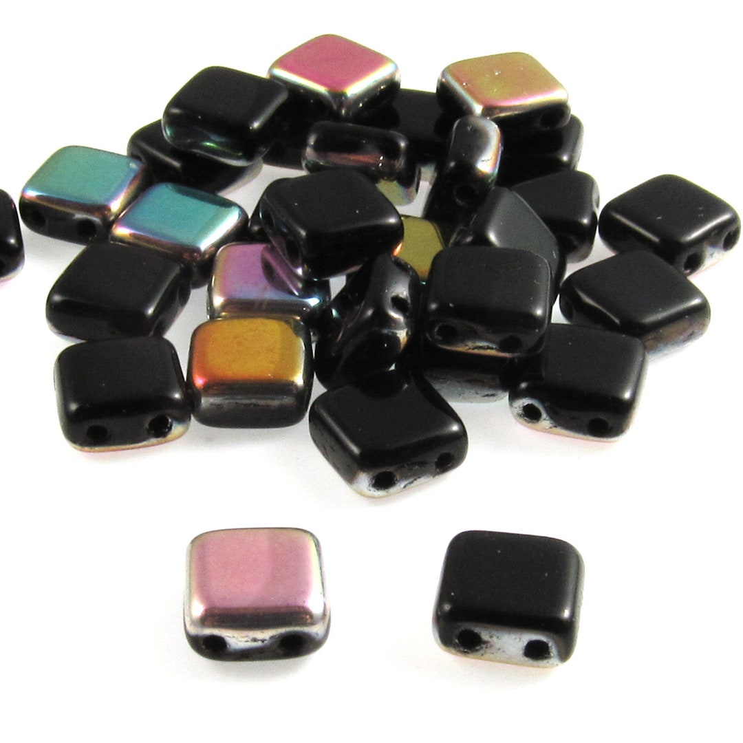 50 Jet Vitrail Square Tile Beads, 6mm 2-hole Czech Glass for Geometric ...