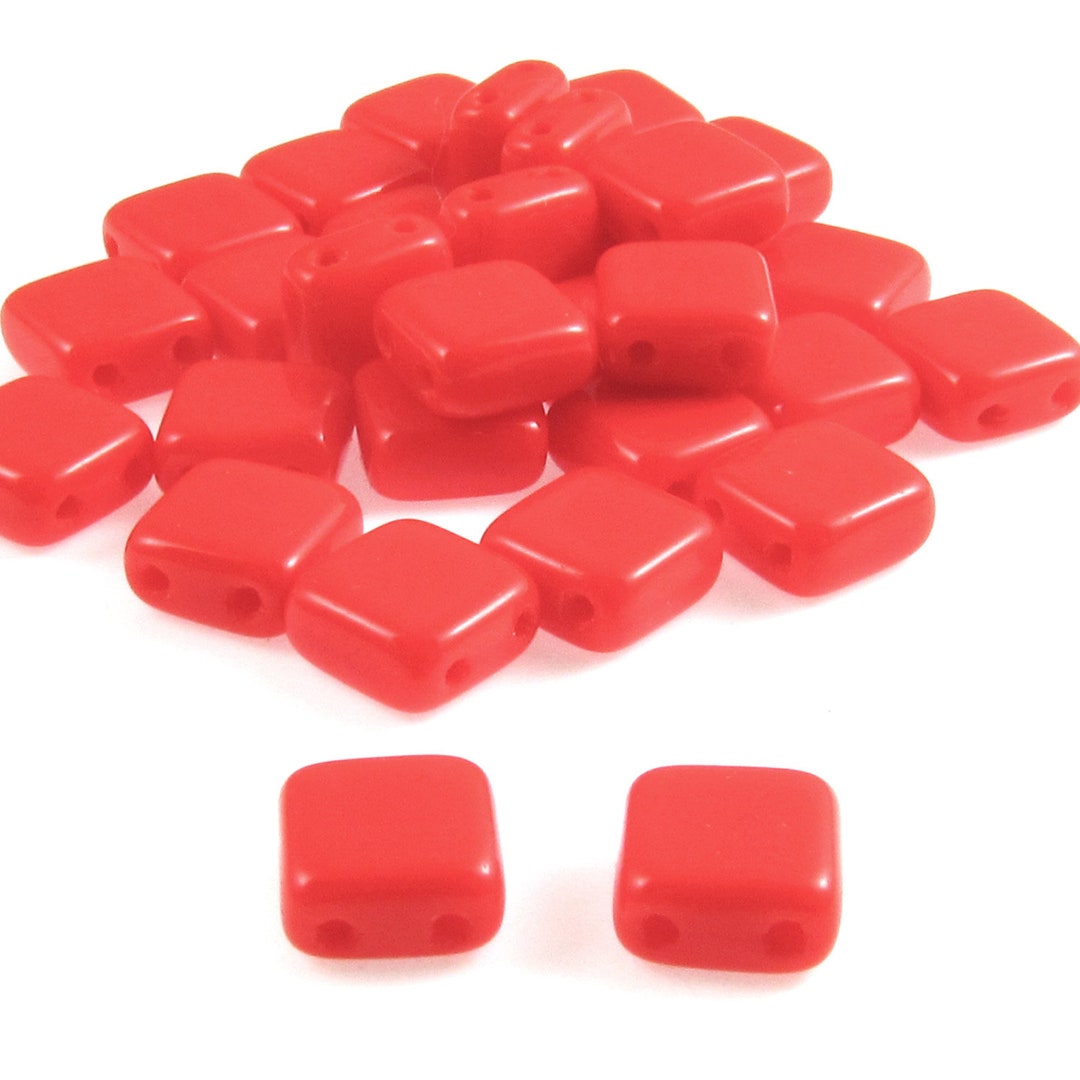 50 Coral Square Tile Beads, 6mm 2-hole Czech Glass for Geometric ...