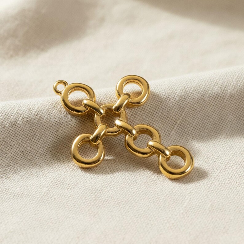 Gold Cross Pendant With Open Chain Links: 24K Gold Plated Statement ...