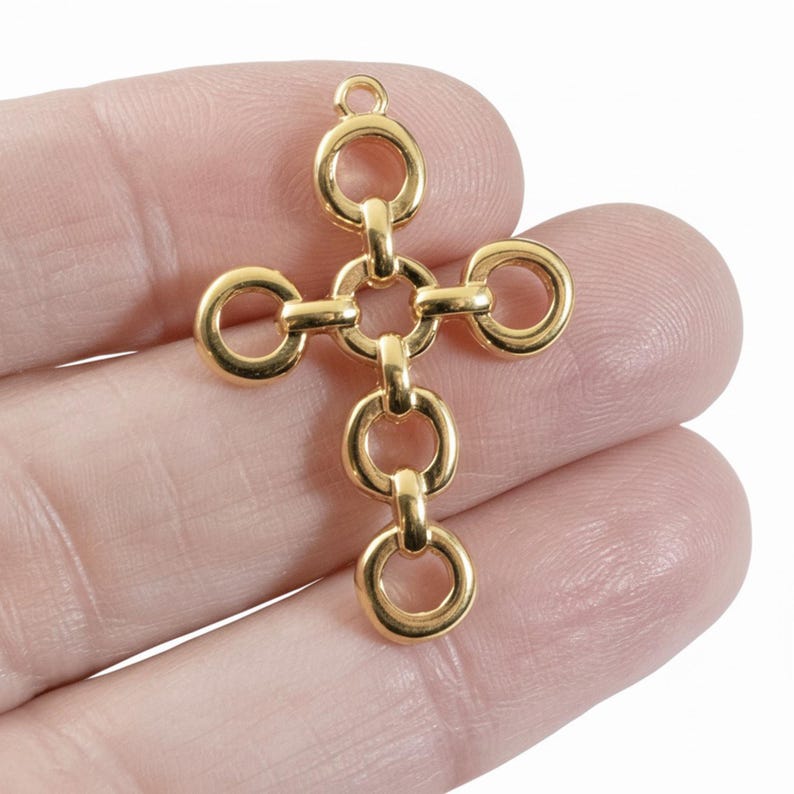 Gold Cross Pendant With Open Chain Links: 24K Gold Plated Statement ...