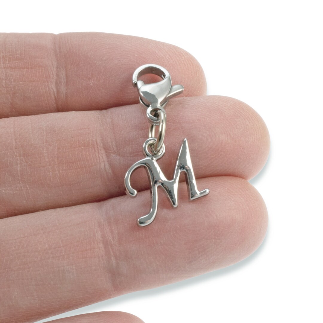 Silver Letter m Clip on Charm, Cursive Script Initial Dangle Lobster ...