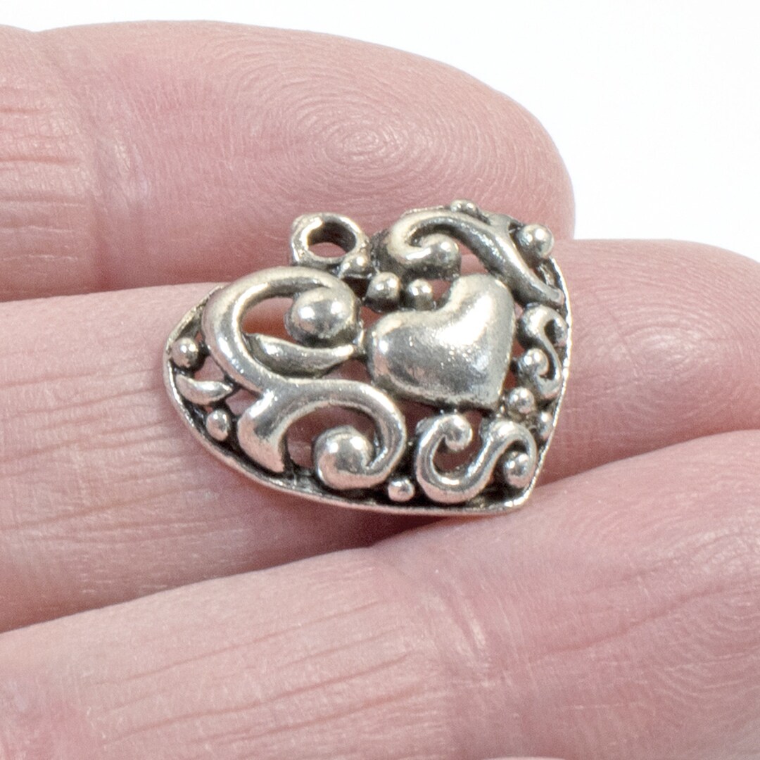 10 Silver Heart Pendants, Romantic Scroll Design Charms for Jewelry ...