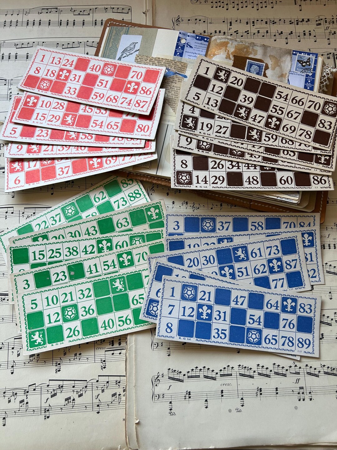 Vintage Bingo Cards. Coloured Cards in Red, Blue, Green and Brown. Junk ...
