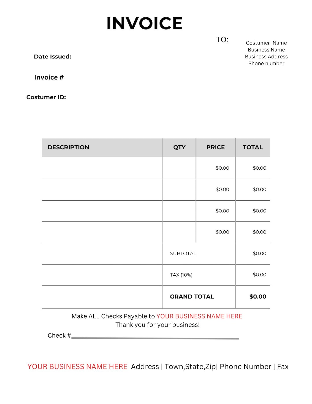 Invoice Template Editable Small Business Invoice Invoice Template ...