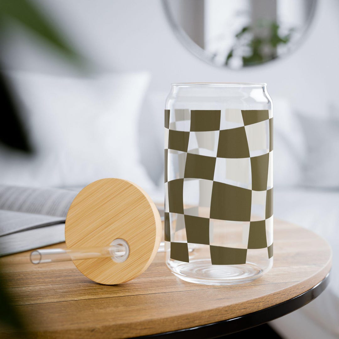 Retro Checkered Iced Coffee Glass Cup,aesthetic Checkered Glass,groovy ...