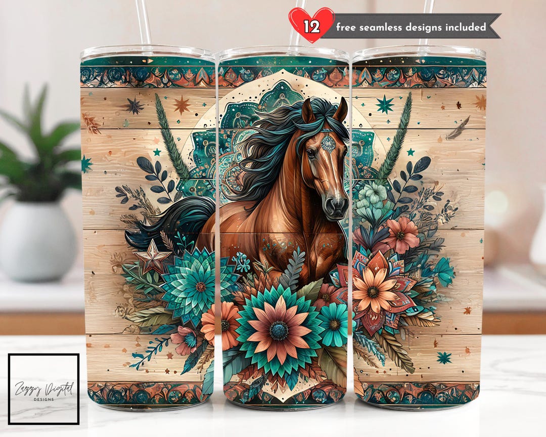 Western Horse Tumbler Wrap PNG, Rustic Wood Floral 20 Oz Skinny Tumbler ...
