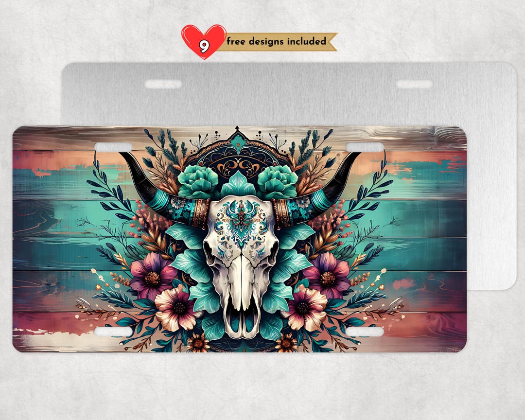Western Floral Bull Skull License Plate Sublimation Country Design ...