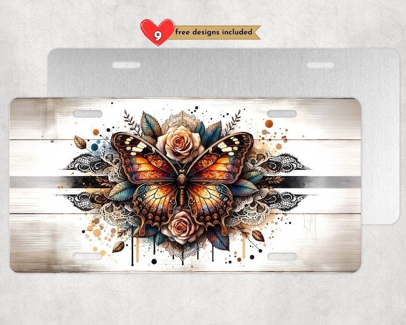 Vintage Butterfly License Plate PNG, Boho Lace & Roses Floral Design ...