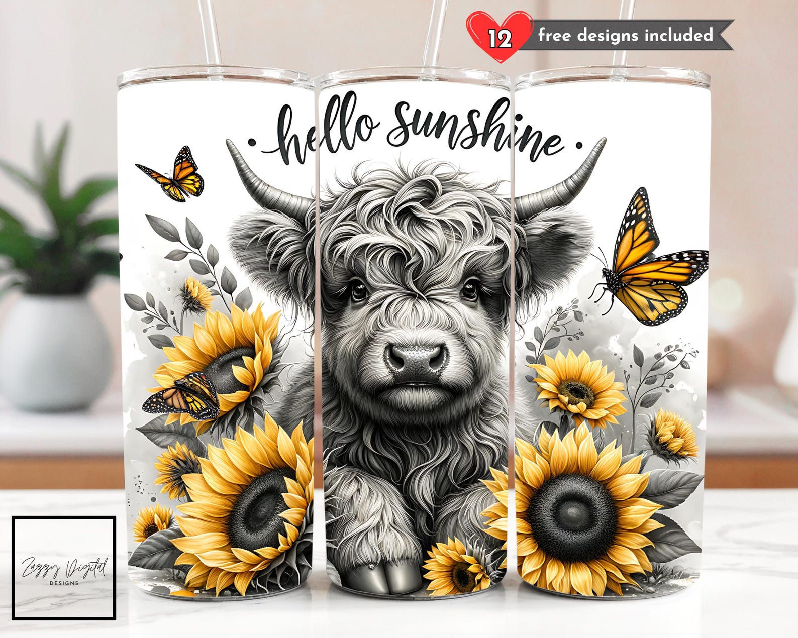 Hello Sunshine Highland Cow 20 Oz Skinny Tumbler Positive Affirmations ...